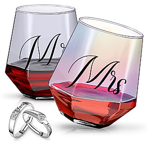 RorAem Wine Glasses Gifts for Mr and Mrs - Wedding Gifts for Bride and Groom - Gifts for Bridal Shower Newlywed Engagement and Anniversary - Couples Gifts for Husband & Wife