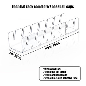 SIPRDE Hat Stand for Baseball Caps Display and Organizer - 2 Pack, No Install Acrylic Hat Holder for 14 Baseball Caps for Bedroom, Closet, Dresser(Clear)