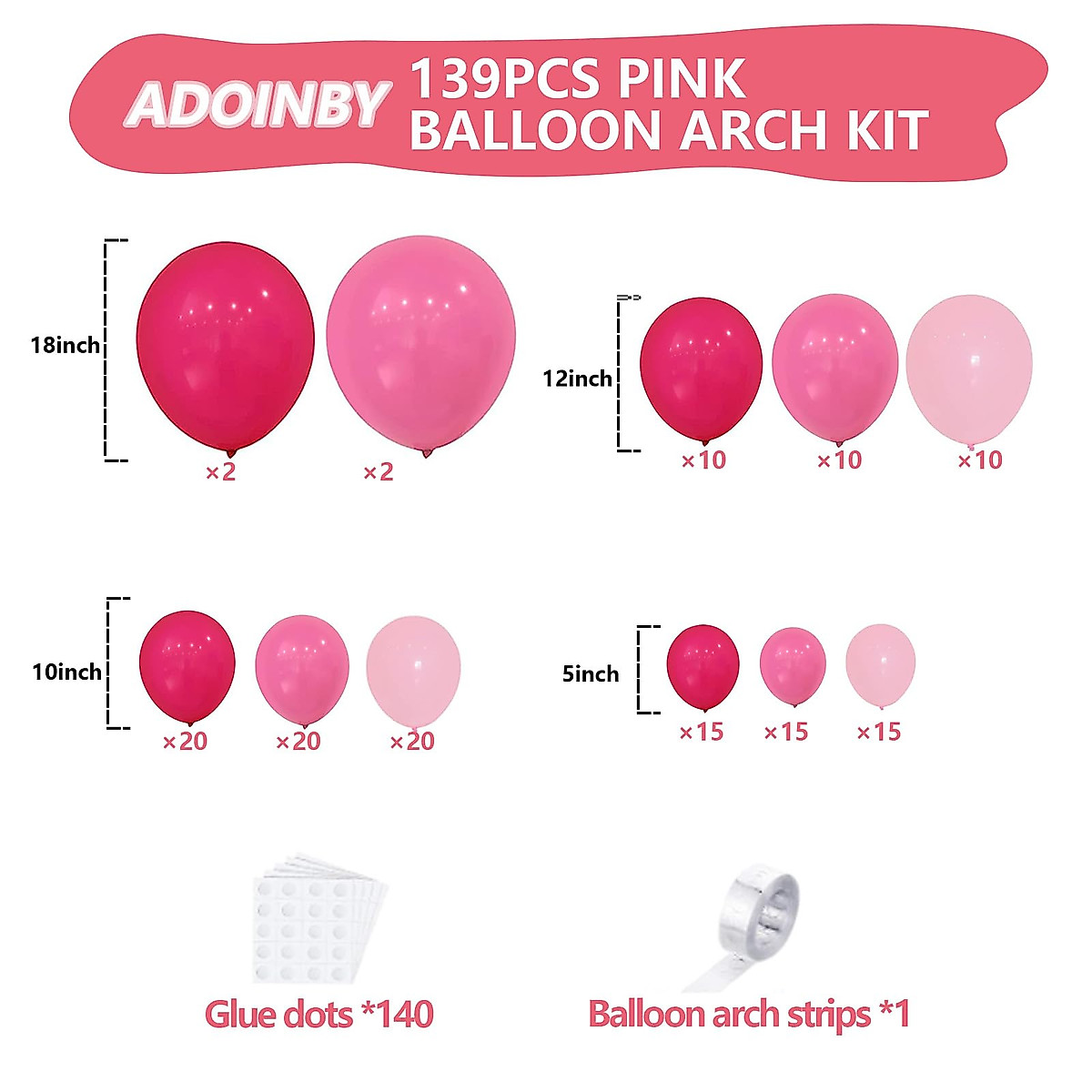 Pink Balloons Arch Kit, ADOINBY 139Pcs Pastel Pink Hot Pink Balloon Garland kit, 18 12 10 5 Inch Different Size Balloons for Wedding Birthday Princess Theme Baby Shower Bridal Shower Party Decorations