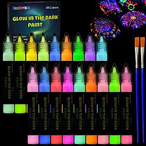 FansArriche Glow in the Dark Fabric Paints, 18 Colors x 20 ml 3D Waterproof Acrylic Textile Paint Markers, Glow in Dark Paint Pen, DIY Neon Fabric Paints for Clothes, Canvas