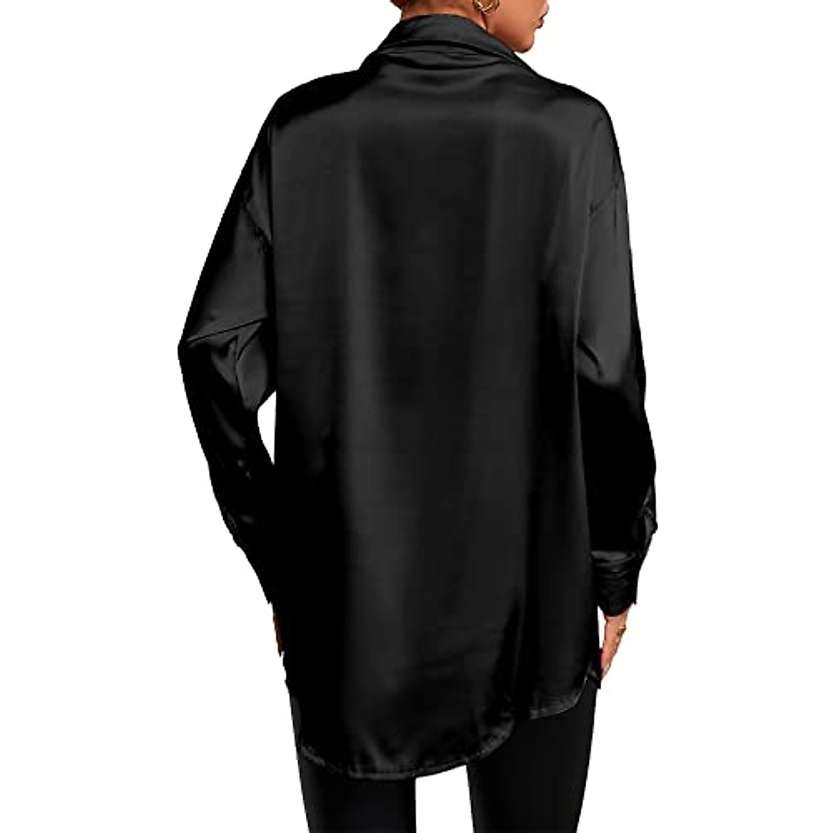 LYANER Women's Satin Silk Collar V Neck Button Down Long Sleeve Blouse Shirt Top Black X-Large