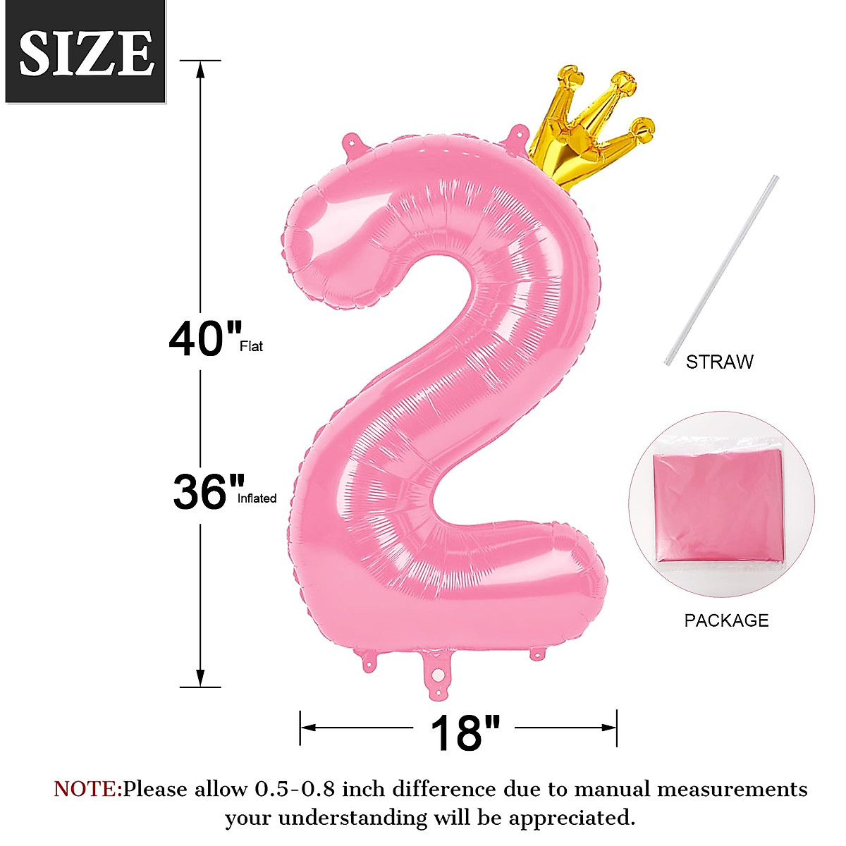 40 Inch Pink Number Balloon 0-9(Zero-Nine) with Crown, Big Size Happy Birthday Balloon, Foil Helium Big Number Balloon for Birthday Party,Wedding, Anniversary (PINK 2)