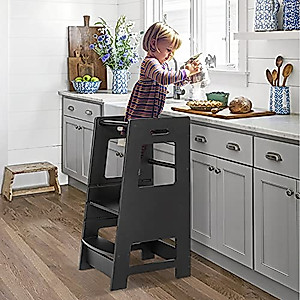 LUSIMO Toddler Step Stool Nursery Standing Tower Wooden Kids Step Stool with Safety Rail Height Adjustable Toddler Learning Tower with Anti-Slip Protection Support Up to 165lbs Black