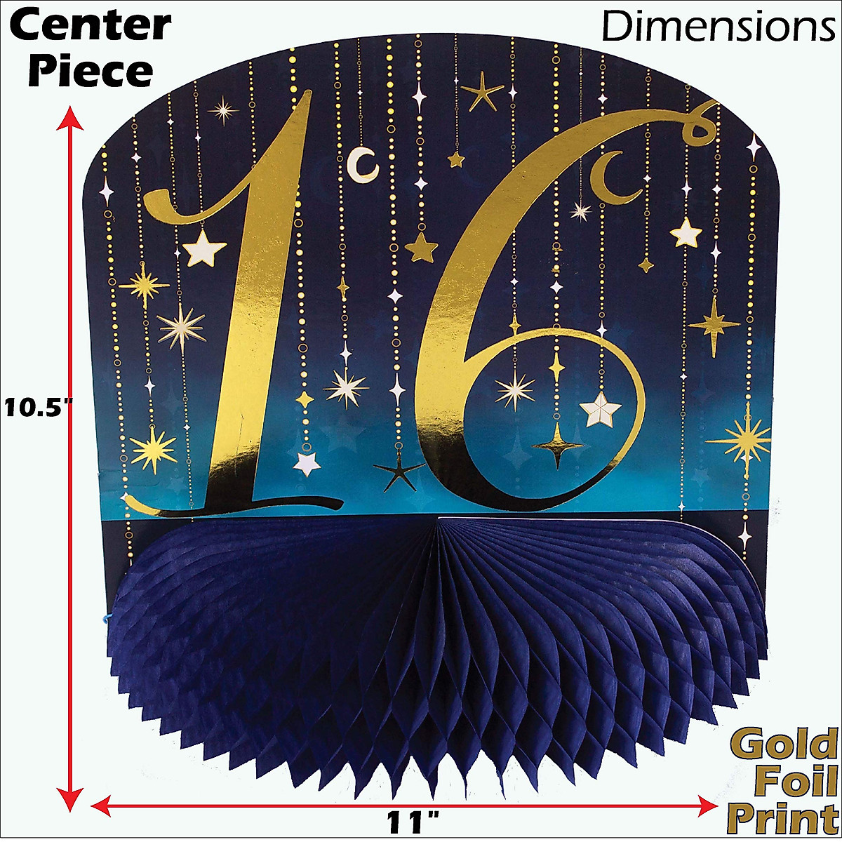 Havercamp Sweet 16 Birthday Party Decoration Collection; Stars, Moons and Gold “Bling” over an Ombre’ Night Background.