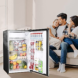 Upstreman 3.2 Cu.Ft Mini Fridge with Freezer, Single Door Mini Fridge, Adjustable Thermostat, Mini Refrigerator for Dorm, Office, Bedroom, Stainless Steel-SR321