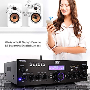 Pyle Wireless Bluetooth Power Amplifier System - 200W Dual Channel Sound Audio Stereo Receiver w/USB, AUX, MIC in w/Echo, Radio - for Home Theater Entertainment via RCA, Studio Use - Pyle PDA65BU.5