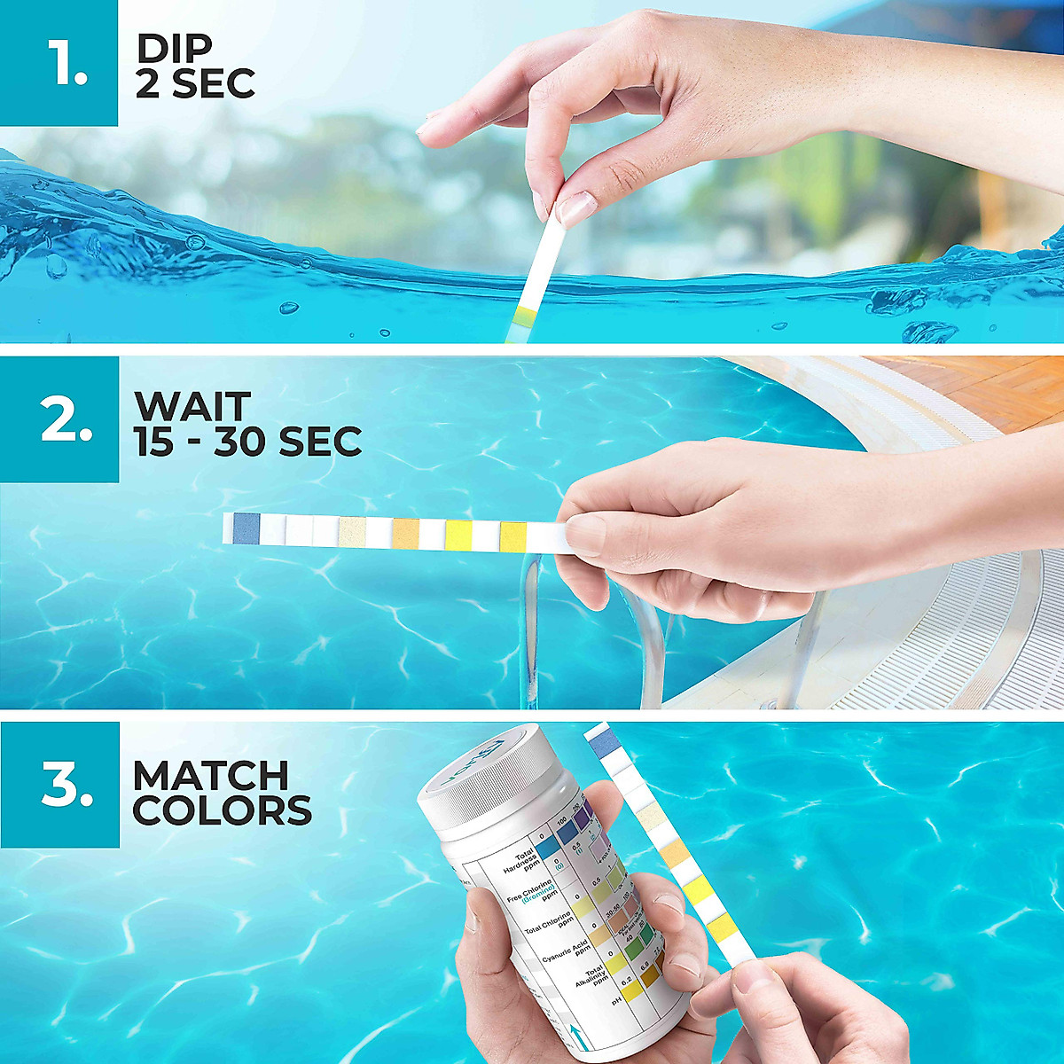 Varify Premium Pool and Spa Test Strips - 7 in 1 Testing Strip for Pools, Spa, Hot Tub & More - Water Quality Testing Kit for Hardness, Chlorine, Bromine, pH, Alkalinity & Cyanuric Acid (100 Strips)