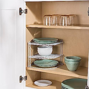 Home Basics Corner Rack, White, Vinyl Coated Steel, Rust Resistant, 2-Tier Shelf, Keeps Spices and Cups Organized, 9x9x8.5in