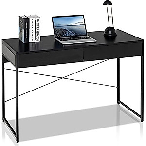 GOFLAME 44 inch Computer Desk with 2 Storage Drawers, Home Office Desk with Steel Frame, Simple Study Writing Workstation, Makeup Vanity Console Table for Living Room, Bedroom & Study (Black)