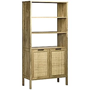 HOMCOM Boho Bookshelf, Storage Cabinet with 3 Open Shelves and Natural Rattan Decor, Bookcase for Living Room, Study, Bedroom