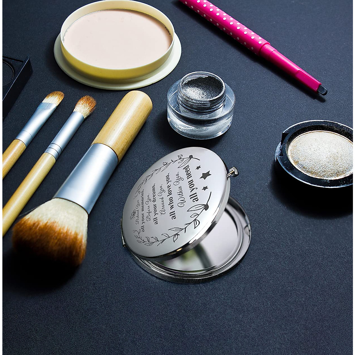 WHING Behind You All Your Memories - Pocket Travel Engraved Makeup Mirror for Women, Friends, Sister, Mom Coworkers Christmas Birthday Graduation Leaving Gifts