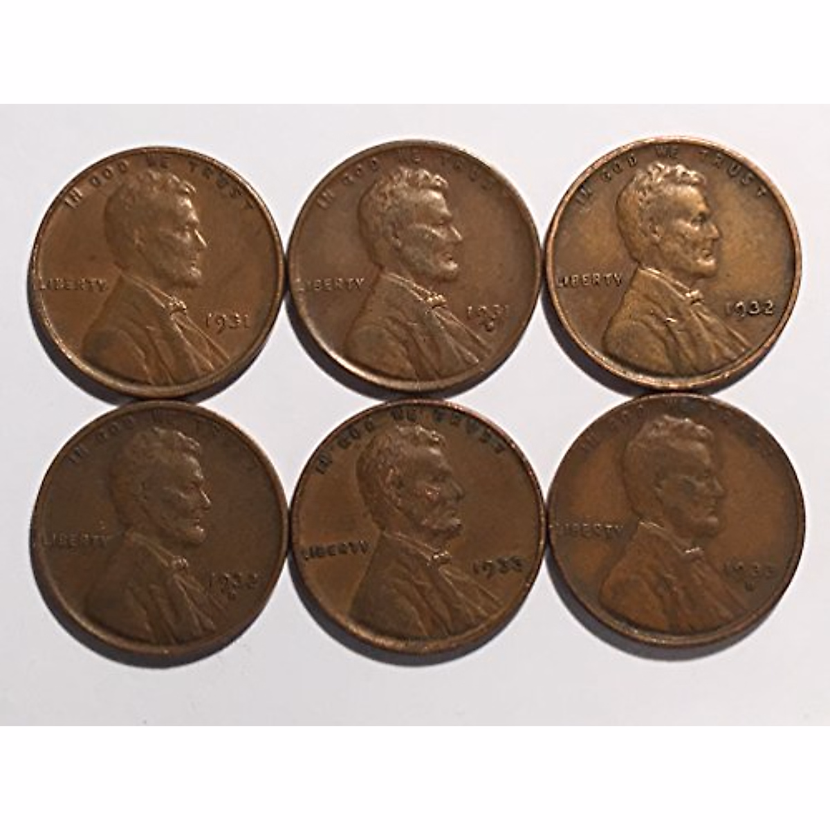 High Grade Set of Early Key Date 1930's Lincoln Cents : 1931 P & D 1932 P & D 1933 P & D Full Wheat Stalks