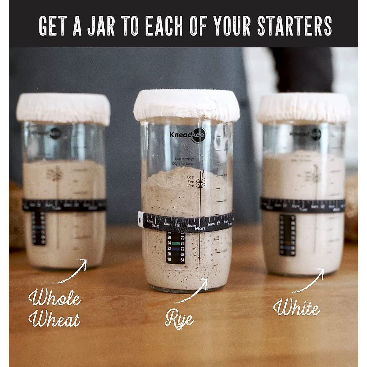KneadAce Sourdough Starter Jar With Date Marked Feeding Band, Thermometer, Sourdough Jar Scraper, Sourdough Container Sewn Cloth Cover & Metal Lid, Sourdough Starter Kit For Sourdough Bread Baking