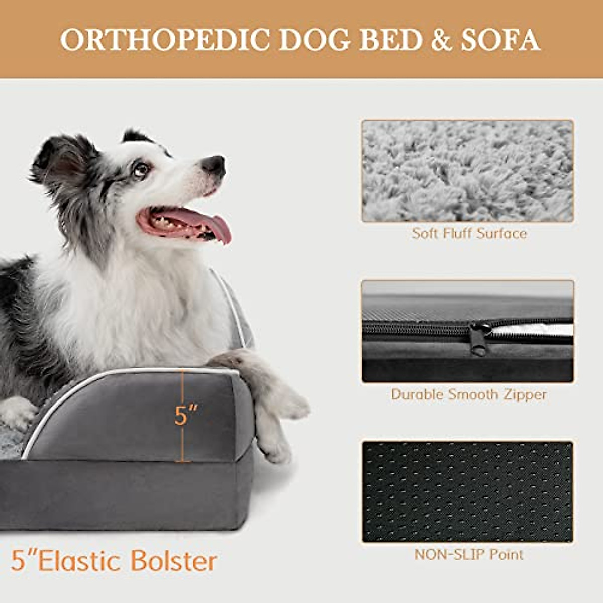 Comfort Expression Waterproof Orthopedic Dog Bed Foam Dog Beds for Extra Large Dogs Durable Dog Sofa The Pet Bed Washable Removable Cover with Zipper and Non-Slip Bottom Bolster XL Large Dog Beds