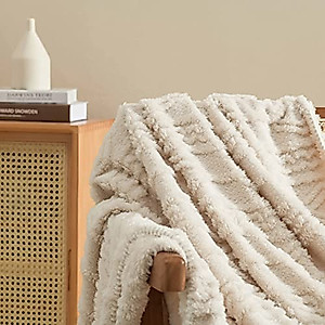SofyCotty Sherpa Throw Blanket Soft Warm Cozy Plush Throws Blankets for Couch Sofa, Flannel Fleece Throws Geometric Knitted Pattern Blankets for Bed Living Room(50x60 inches,Ivory Beige)