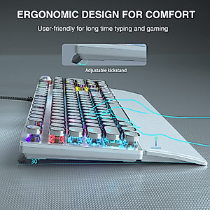 AULA F2088 Typewriter Style Mechanical Gaming Keyboard,Rainbow LED Backlit,Removable Wrist Rest,Media Control Knob,Retro Punk Round Keycaps,USB Wired Computer Keyboard,White