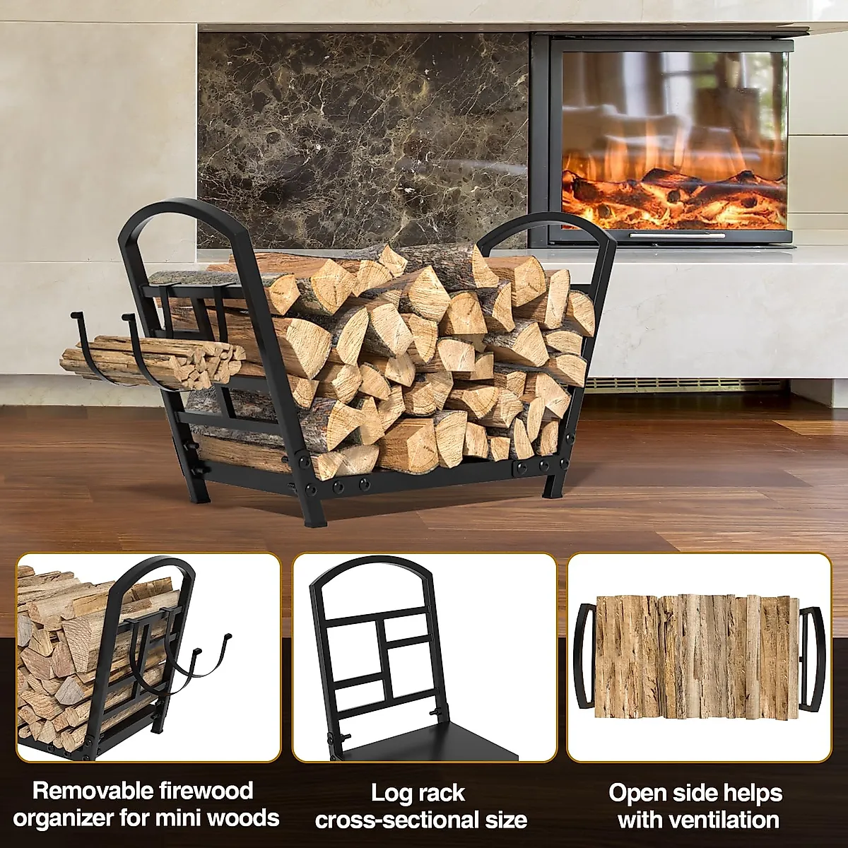 GREENER Small Firewood Rack Indoor Log Holder Wood Storage For Fireplace, Heavy Duty Metal Firewood Holder with Removable Holders, Up-Loaded to 120lb，Decor Outdoor Log Holder