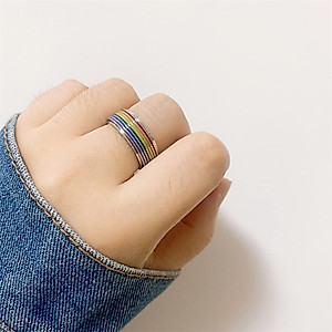 Rotatable Rainbow Stripe LGBT Pride Band Ring for Women Men Couples Bff Anti Anxiety Stress Relief Fidget Spinner Ring Stainless Steel Statement Relationship Knuckle Ring Boyfriend Girlfriend Xmas New Year Party Gifts (6)