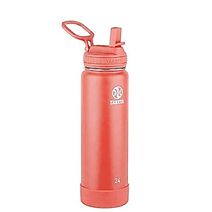 Takeya Actives Insulated Stainless Steel Water Bottle with Straw Lid, 24 Ounce, Coral