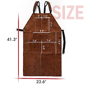 YESWELDER Leather Welding Work Shop Apron with 6 Pockets Heat Flame Resistant Cowhide Welder Apron Heavy Duty Blacksmith Aprons Adjustable for Welders Men Women Length 41"