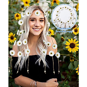 CHLINS Hippie Headband Flower Crown Bohemian Sunflower Headband Flower Headpiece Hippie Costume 60s 70s Outfits for Women (White)