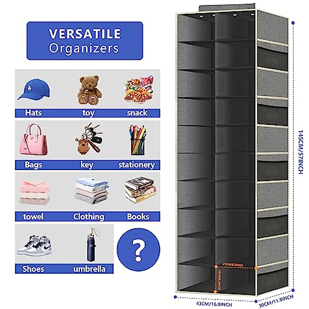 VERONLY 20 Section Hanging Shoe Organizer, Fabric Closet Hanging Shoe Storage Rack with 10 Side Pockets for Shoes, Hats, Handbags, Clothes (Black)