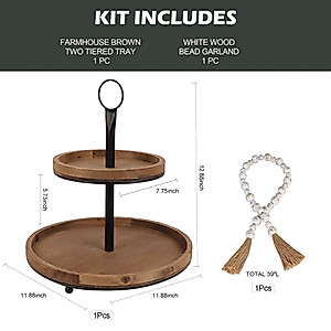GENMOUS & CO. Farmhouse Tiered Tray Decor with Distressed Wood Bead Garland, Decorative 2 Tiered Serving Tray with Metal Handle for Rustic Home Décor