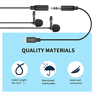 BOYA Dual Lavalier Lightning Microphone for iOS iPhone 11 Vlog, 20 ft/6m BY-M2D Dual-Head Lapel Universal Mic with Lightning Plug Adapter for iPhone 11 10 X 8 7 MAC YouTube Video Facebook Live