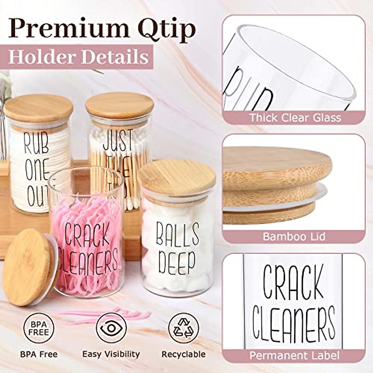 TUZAZO 4 Pack Glass Qtip Holder Apothecary Jars with Bamboo Lids, Clear Bathroom Organizer Storage Canisters Set Bathroom Jars for Cotton Balls, Floss, Cotton Rounds and Cotton Swab Holder