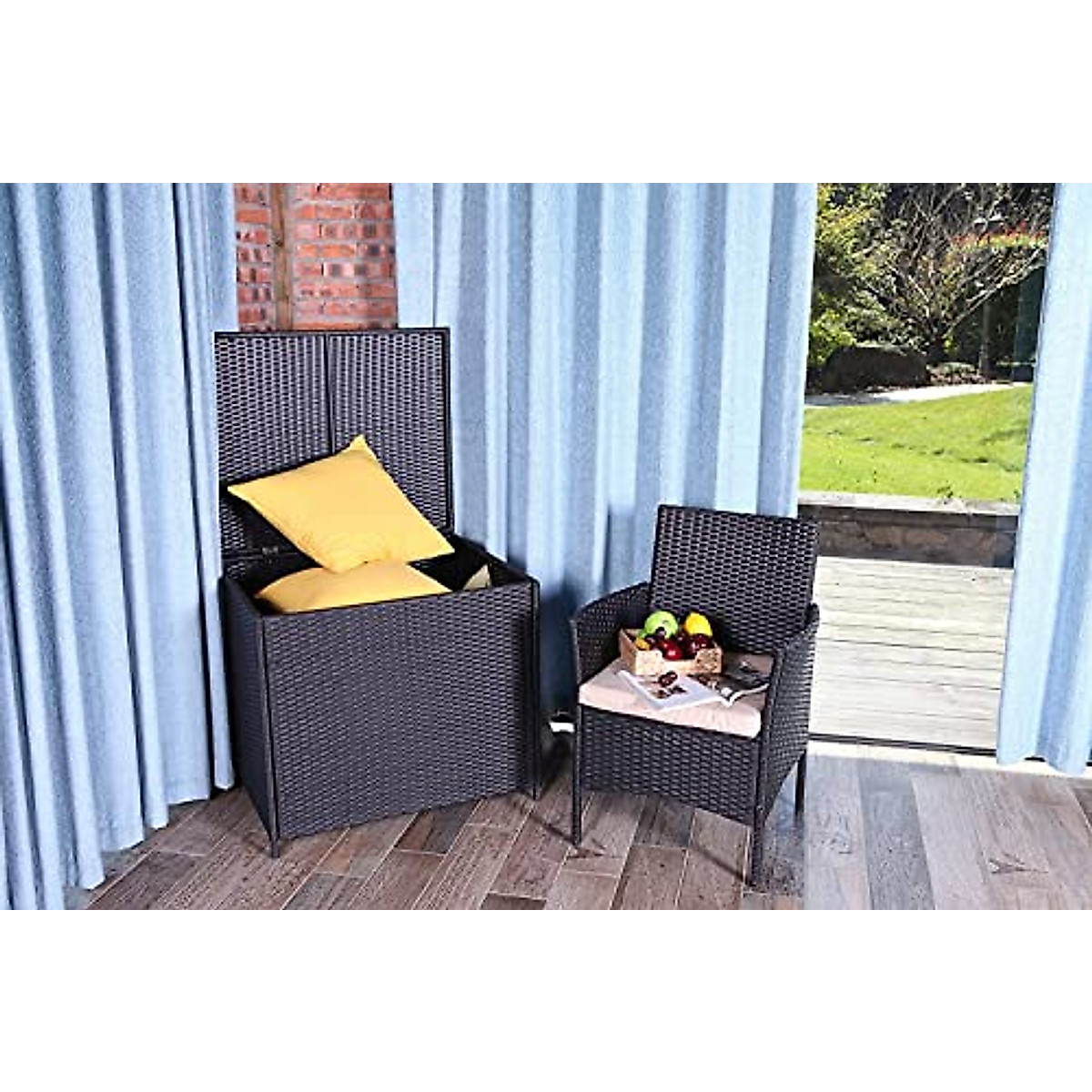 UNITED FLAMES 91 Gallons Outdoor Storage Box Waterproof Deck Box Lightweight All-Weather Wicker Storage Bin for Storing Cushions Garden Tools and Pool Toys Black