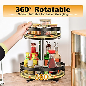 2 Tier Lazy Susan Organizer Metal Steel, Turntable Organizer for Table, Rotating Spice Rack Organizer for Cabinet Pantry Kitchen Countertop, Non Skid Suction Base, 10 inch, Black