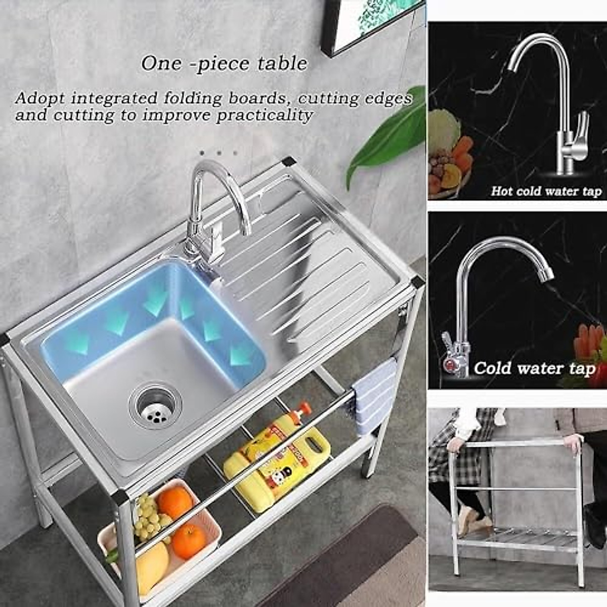 Outdoor Stainless Steel Sink, Free Standing Commercial Restaurant Utility Single Bowl Kitchen Washing Station Hand Basin Sink Set with Storage Shelves for Laundry Tub Backyard Garage ( Size : Single l