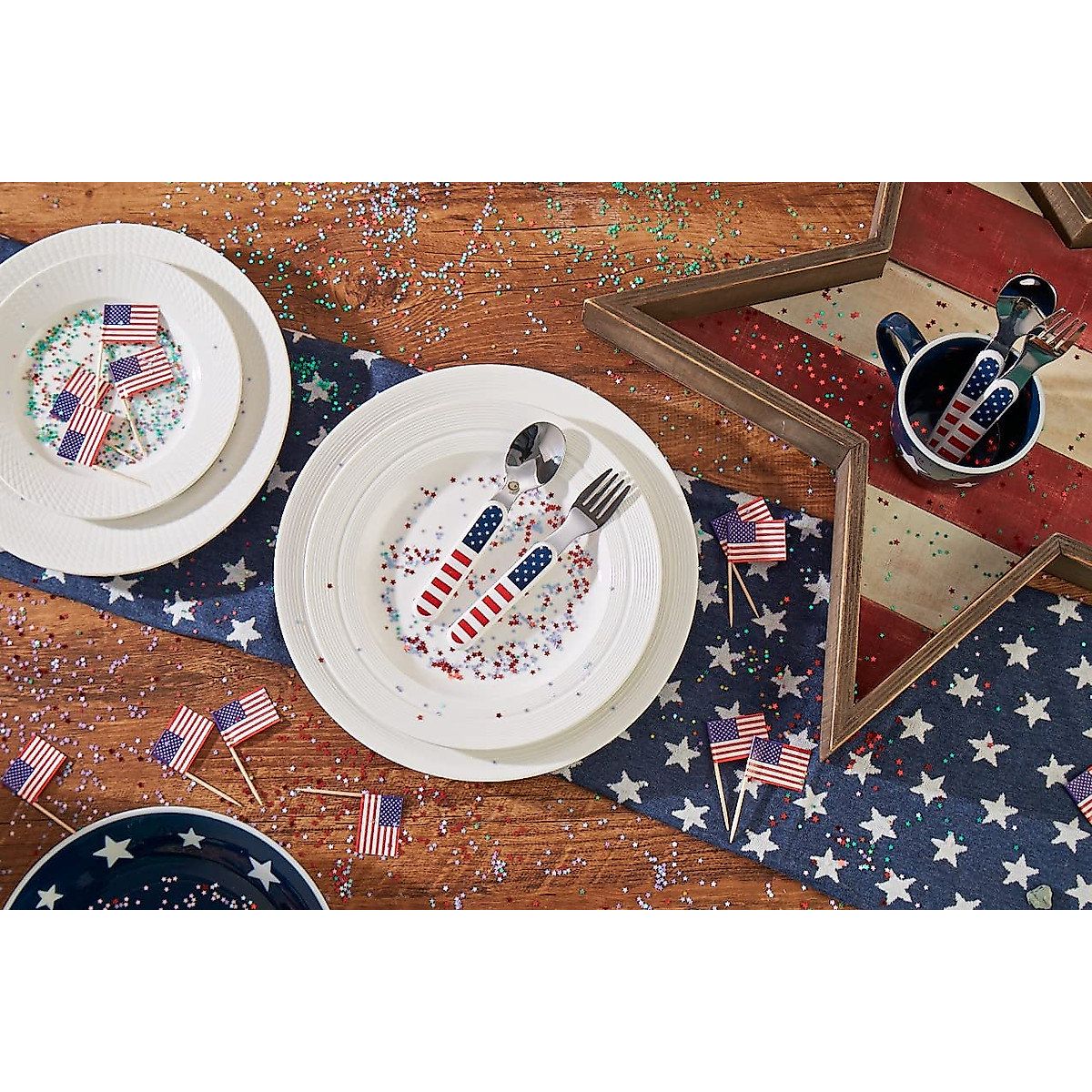 Annova Kids Silverware 6 Pieces Stainless Steel Children's Flatware Set 3 x Forks, 3 x Dinner Spoon Plastic Handle, Toddler Utensils Without Knives, for Babies, Infants BPA Free (US Flag)