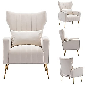 Hyfirm Accent Chairs for Living Room Set of 2, Mid Century Modern Chairs Upholstered Velvet Wingback Arm Chairs, Comfy Leisure Chairs with Lumbar Pillow for Bedroom Office Club, 2PCS, Cream