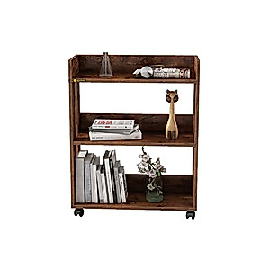 MIN WIN 3 Tier Open Bookshelf,Small Bookshelves Storage Display Shelf with Universal Wheels,Movable Standing Shelf Units,Wood Storage Rack for Small Spaces Home Office Bookcases Book Shelves,Antique
