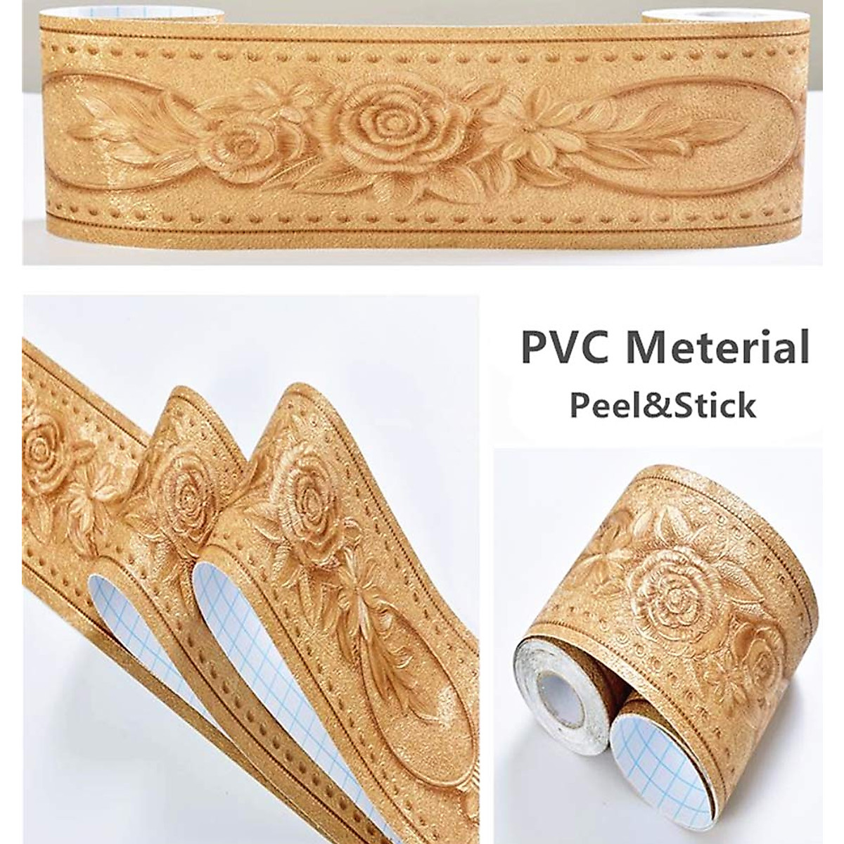 REDODECO 3D Flower Pattern Molding Peel Stick Wall Border for Home Decor Bathroom Kitchen,4 inch by 16.4 feet(Gold)