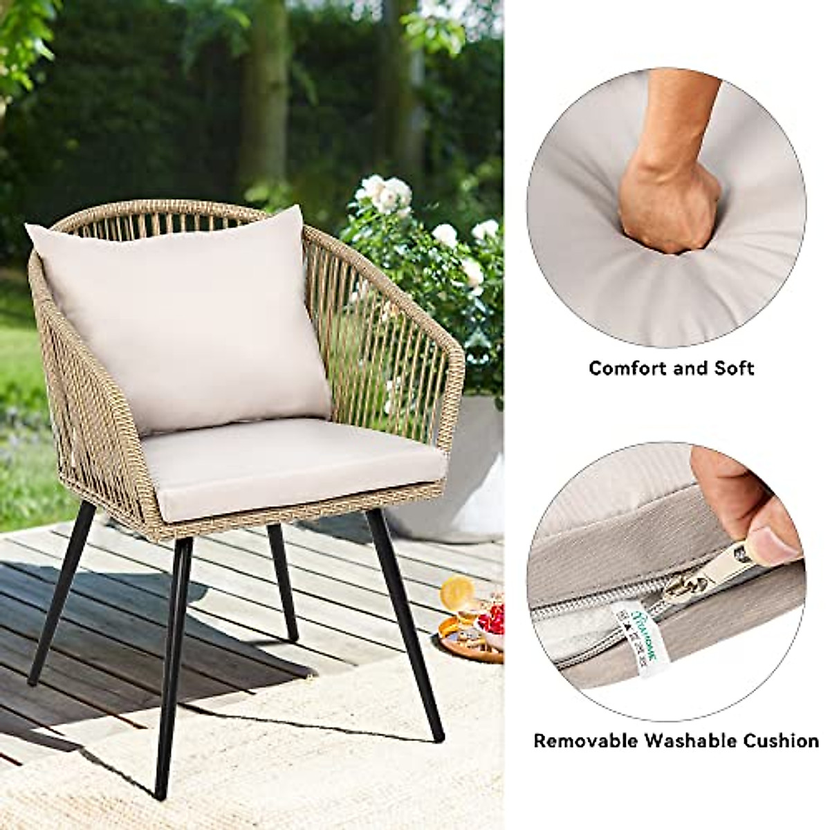 YITAHOME 3-Piece Outdoor Patio Furniture Wicker Bistro Set, All-Weather Rattan Conversation Chairs for Backyard, Balcony and Deck with Soft Cushions, Glass Side Table Gray