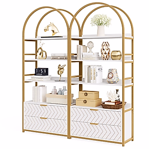 Tribesigns 4-Tier Bookshelf with 2 Drawers, 74.80”H Tall Bookcase 4 Display Shelf Small Place, Free Standing Multipurpose Storage Rack Etagere Book Shelves Tower, Home Office, White, Gold