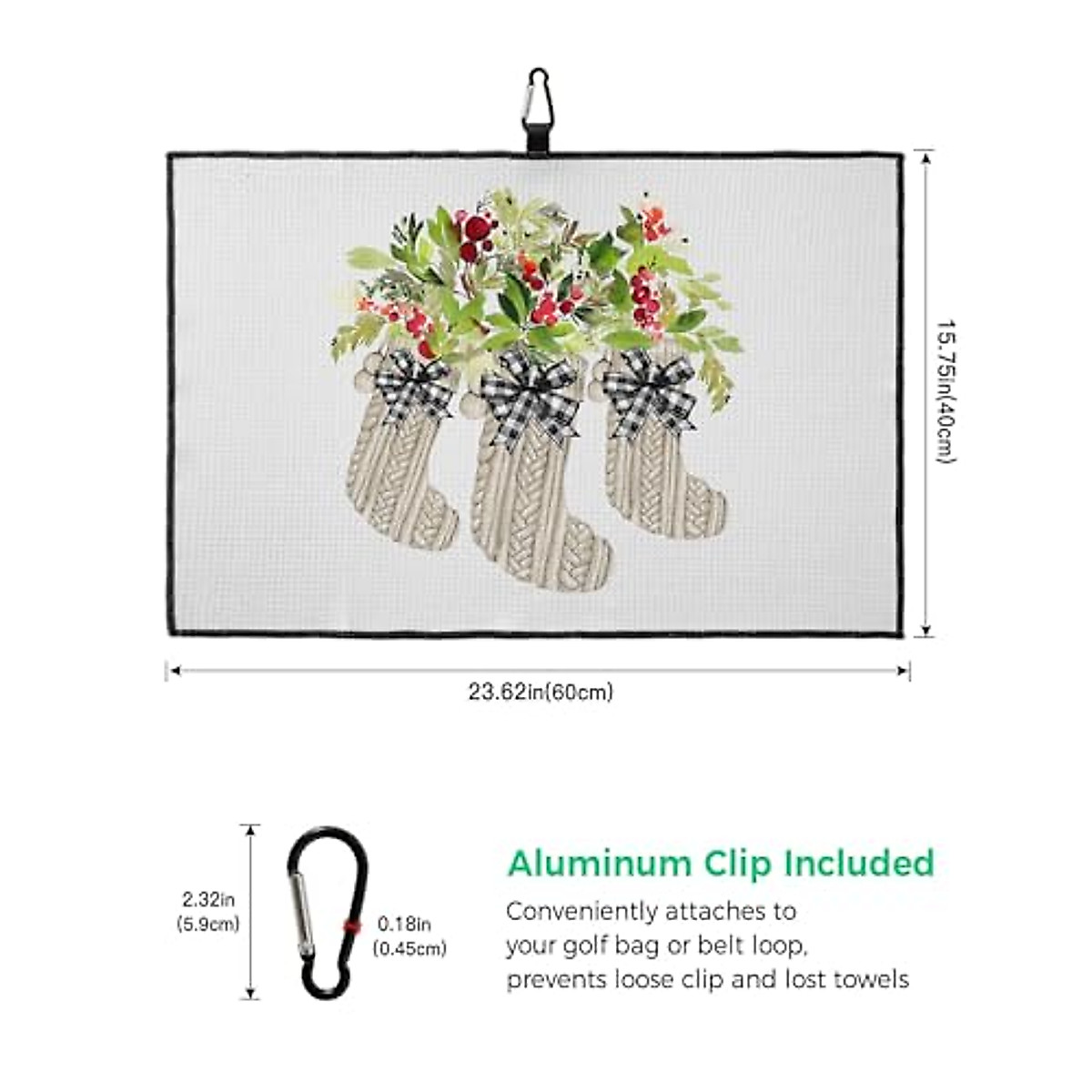 Golf Towel Watercolor Christmas Stocking Berry,Waffle Pattern Microfiber Club Cleaner Golf Towels with Carabiner Clip for Women Men Dad,Black White Buffalo Plaid Bow Golf Towel for Golf Bags,24x16in