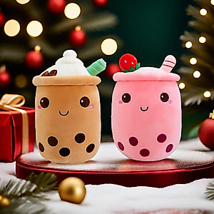 FSRONGXI 2 Pack Boba Plush, Stuffed Bubble Tea Plush Pillow Soft Cute Pearl Milk Tea Hug Pillows for Kids Girls Boys (Brown & Pink)