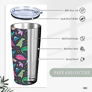20oz Tumbler Hand Drawn Cute Dinosaur Double Wall Vacuum Insulated Coffee Mug with Lid and Metal Straw Brush Reusable Stainless Steel Water Bottle Travel Cup Gifts for Car Ice Drinks Hot Beverage