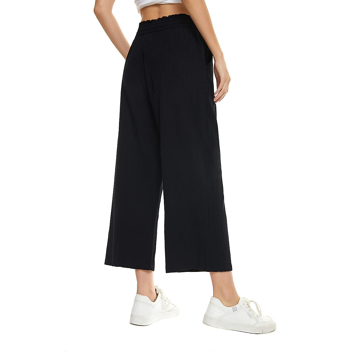 LNX Womens High Waisted Capri Pants 100% Linen Wide Leg Drawstring Flowy Comfy Crop Pants Black