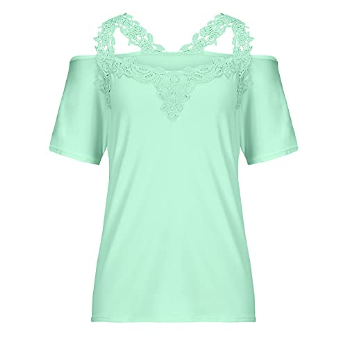SMIDOW Lace Trim Cold Shoulder t Shirt for Women 2023 Summer Causal Solid Tops Sexy Elegant Blouses