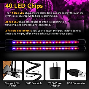 iPower LED Grow Light with Full Spectrum for Indoor Plants, Adjustable Gooseneck, 2/3 Light Modes&5/10 Dimmable Levels, 3 Auto Timing Modes, 2 Tubes, Red&Blue