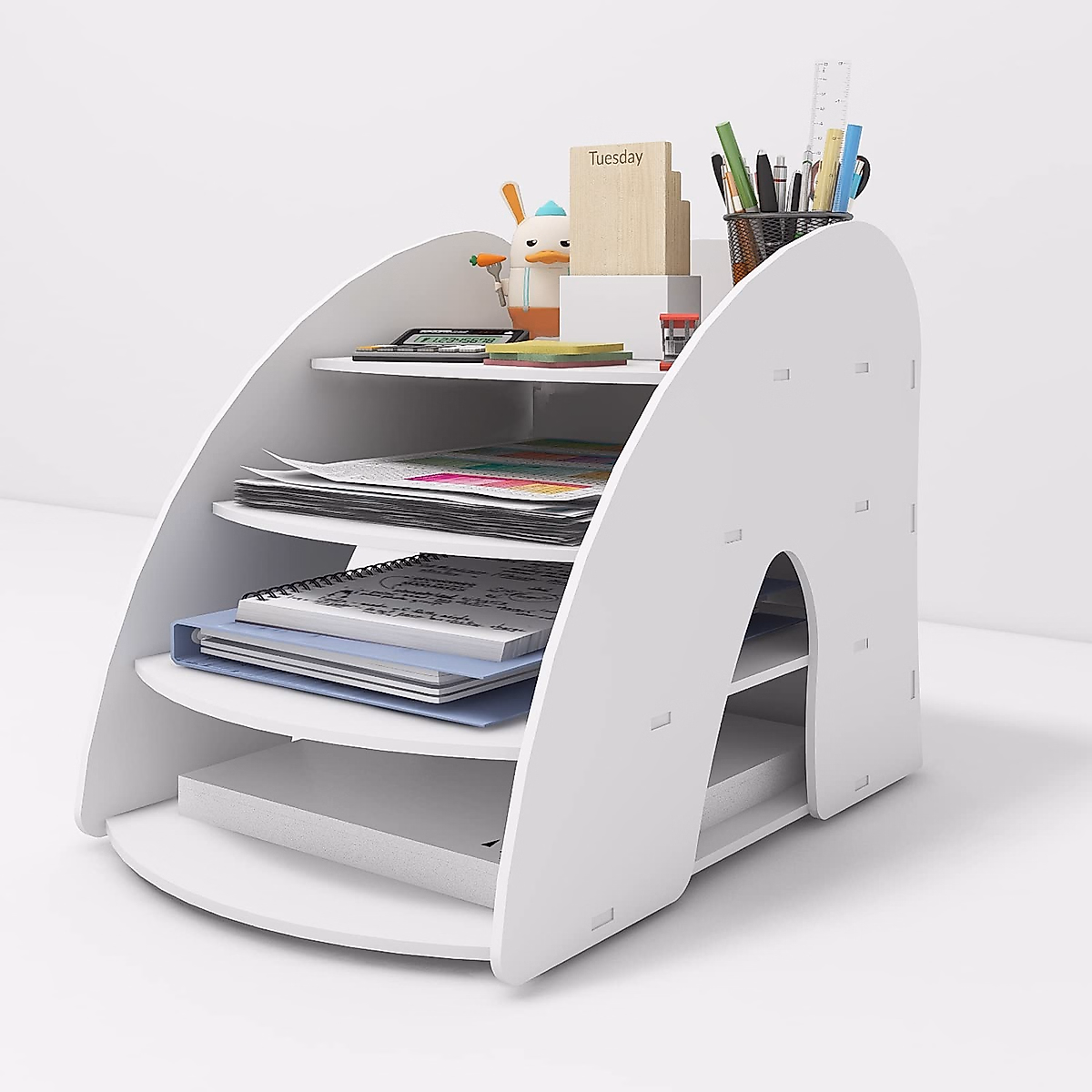 Natwind 4-Tier File Folder Paper Organizer for Desk Desktop White Office Supplies Desk Organizer Mail Letter Tray & Paper Sorter Document Notebook Storage Rack for Home Office School Classroom