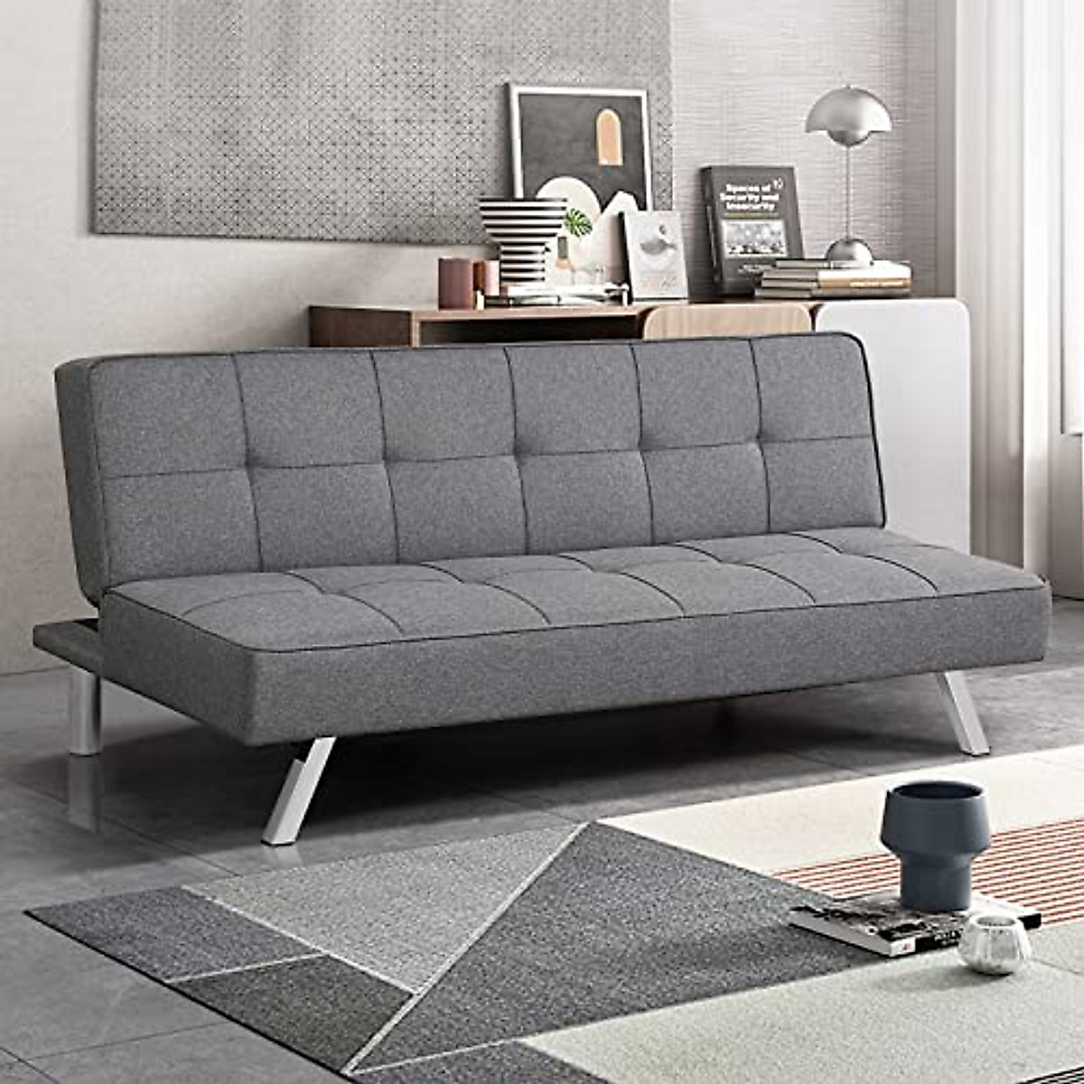 SLNFXC Convertible Futon Grey Linen Fabric Sofa Bed Adjustable Sleeper with Stainless Steel Legs