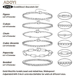 adoyi Dainty Sterling Silver Chain Bracelets Set for Women Girls White Gold Plated Layered Link Chain Bangle Bracelets Pack for Women Adjustable Stackable beaded Bracelets Jewelry Gifts