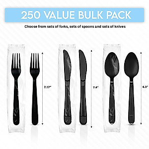 Klex 250 Individually Wrapped Disposable Utensil Sets with Heat Resistant, BPA Free Heavy Weight Fork, Spoon, Knife, and Napkin, Black, 250 Sets