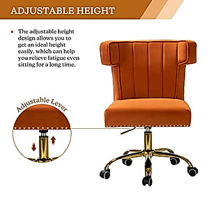 HULALA HOME Velvet Office Chair with Wingback and Decorative Nailhead, Adjustable Swivel Modern Armless Desk Chair, Cute Vanity Chair for Women (Gold Base, Orange)