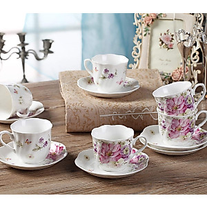 GuangYang GY 12 PCS Tea Set - 7oz New Bone China tea Cups and Saucers with Pink Flower Pattern Porcelain Cups for Mocha Cappuccino Tea and coffee